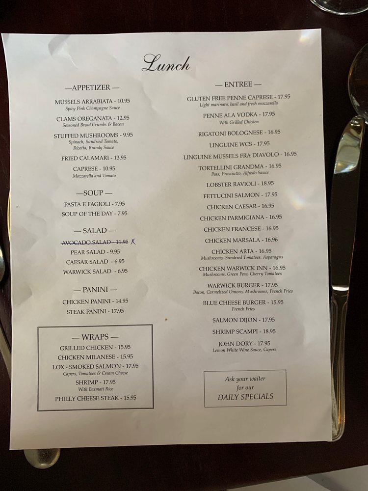 Menu at The Warwick Inn restaurant, Warwick