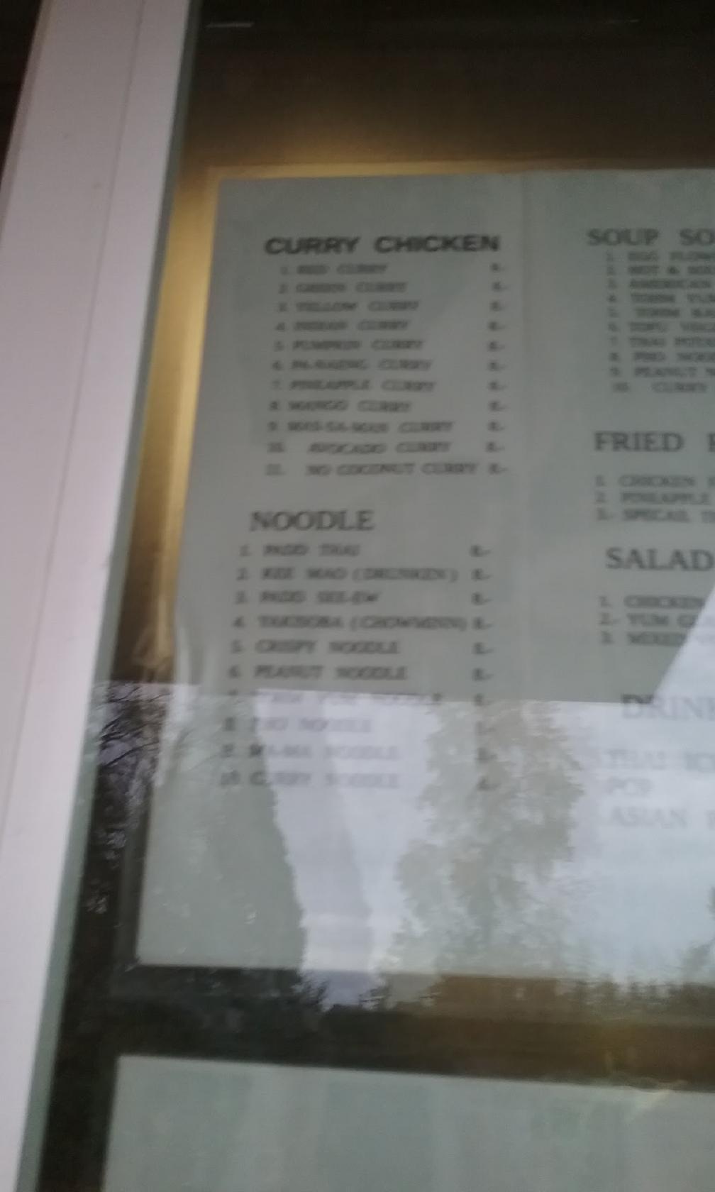 Menu at UFO Thai Food restaurant, Lebanon