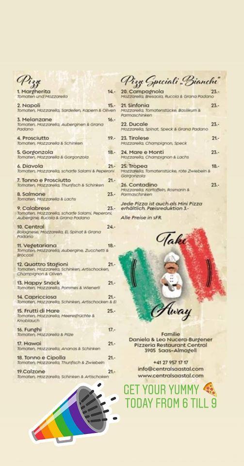 Menu at Central, Saas-Almagell