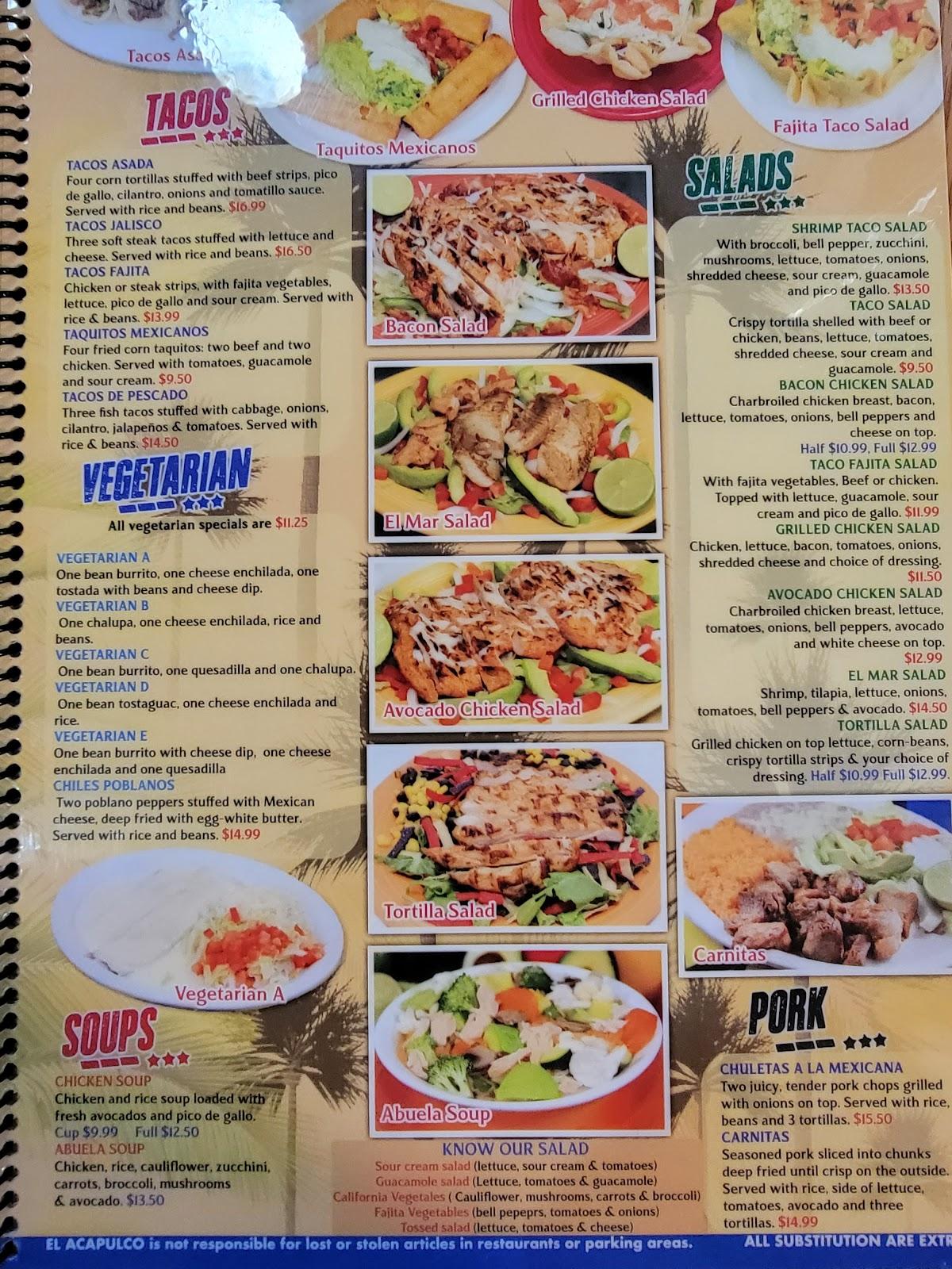 Carta del restaurante El Acapulco, Cave City