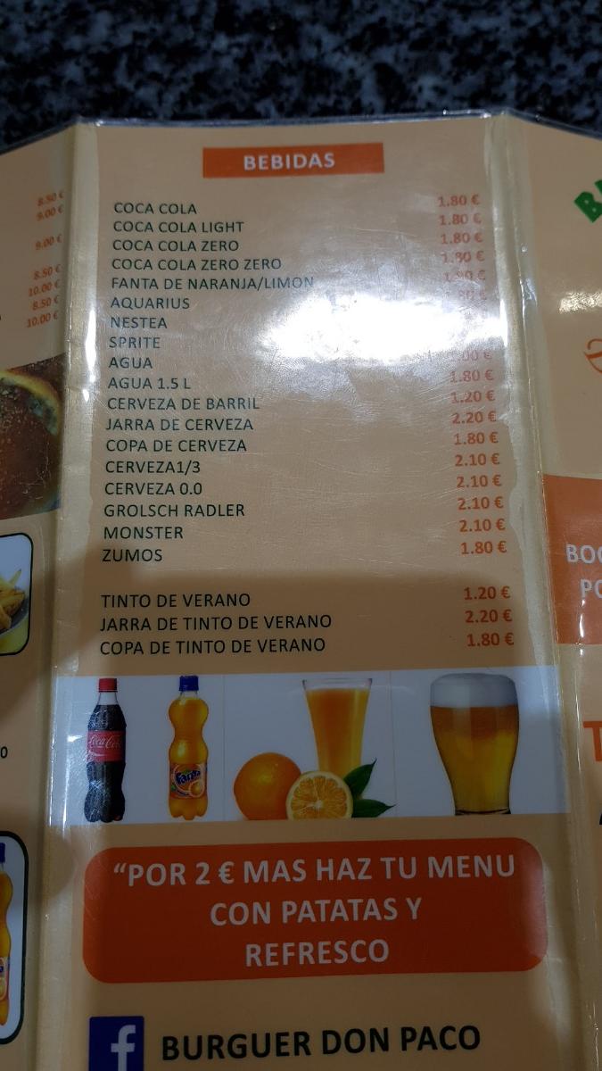 Menu at Hamburguesería Don Paco restaurant, Málaga