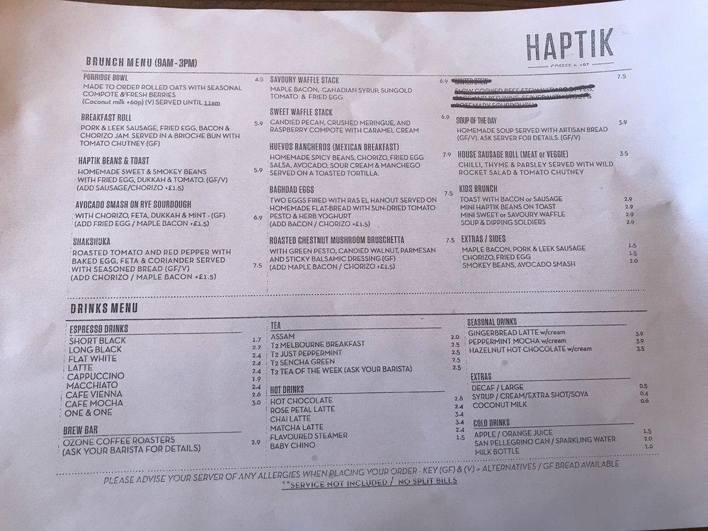 Menu at Haptik cafe, Newtownards