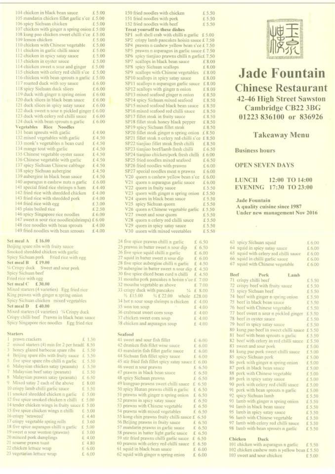 Menu at Jade Fountain restaurant, Sawston