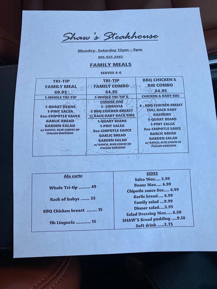 Menu at Shaw's Steakhouse, Santa Maria