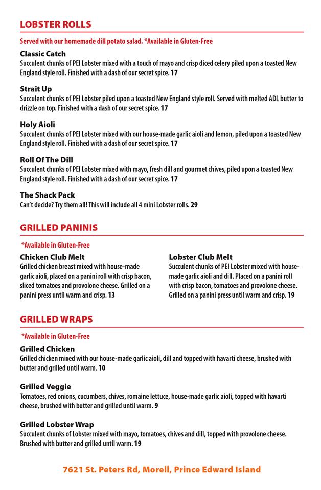 Menu at The Seafood Shack restaurant, Morell