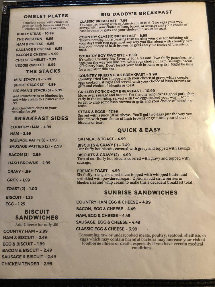 Menu at Tin Lizzie Cafe, West Point, US-45 ALT
