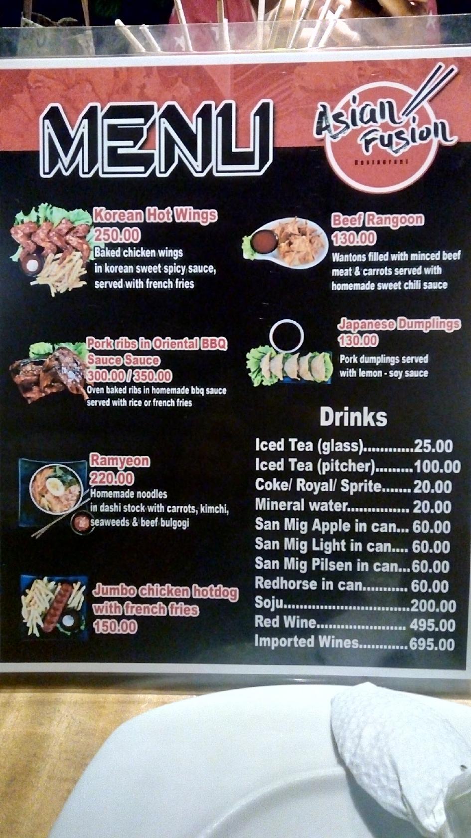 Menu at Asian Fusion restaurant, Roxas