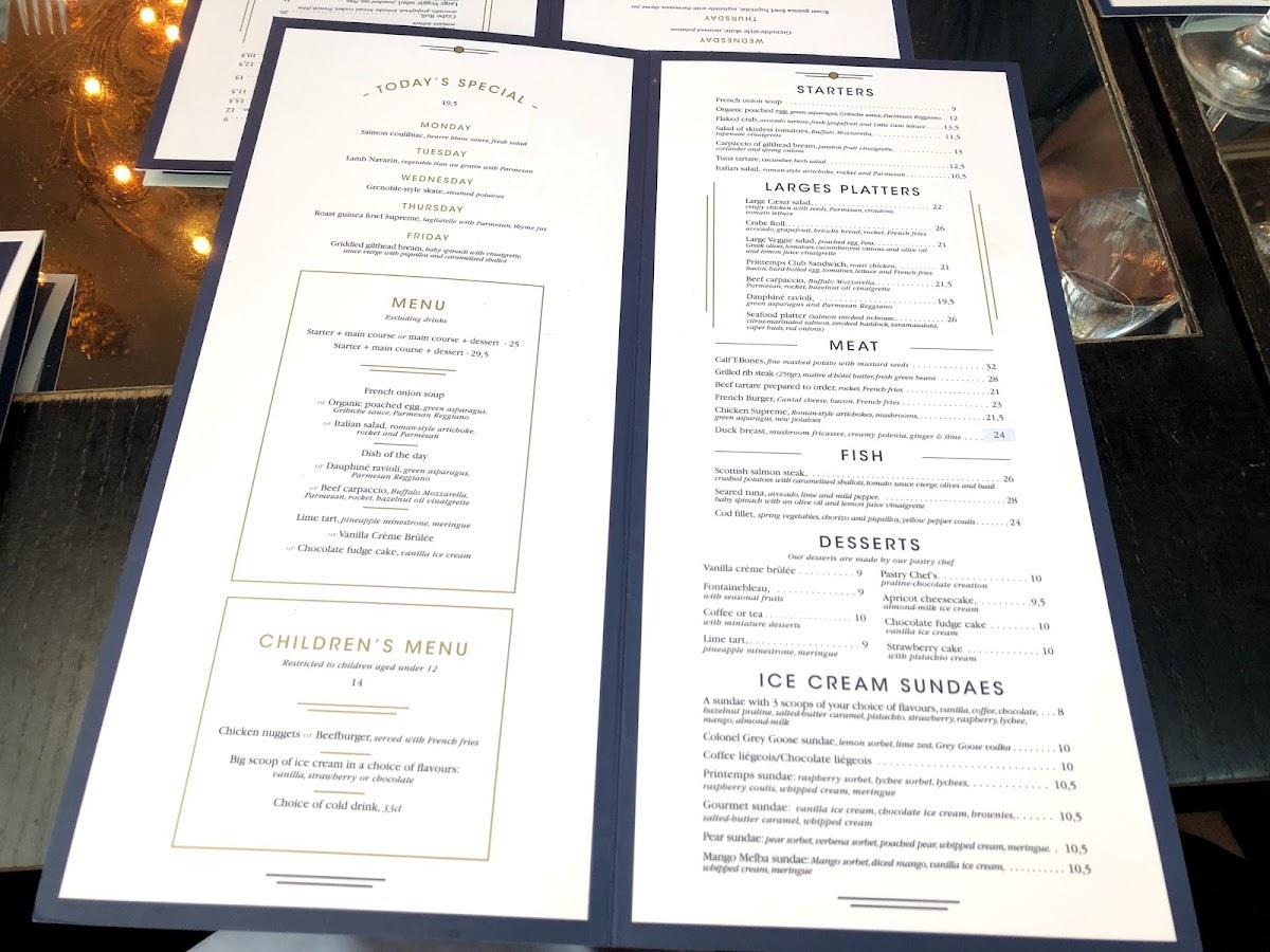 Menu au Brasserie Printemps restaurant, Paris, Printemps Femme