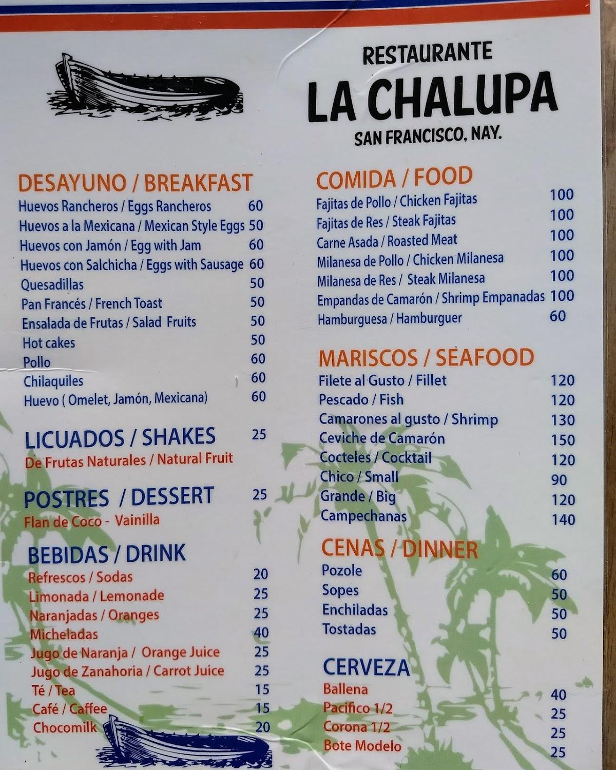 Menu at La Chalupa restaurant, San Francisco, C. Mexico