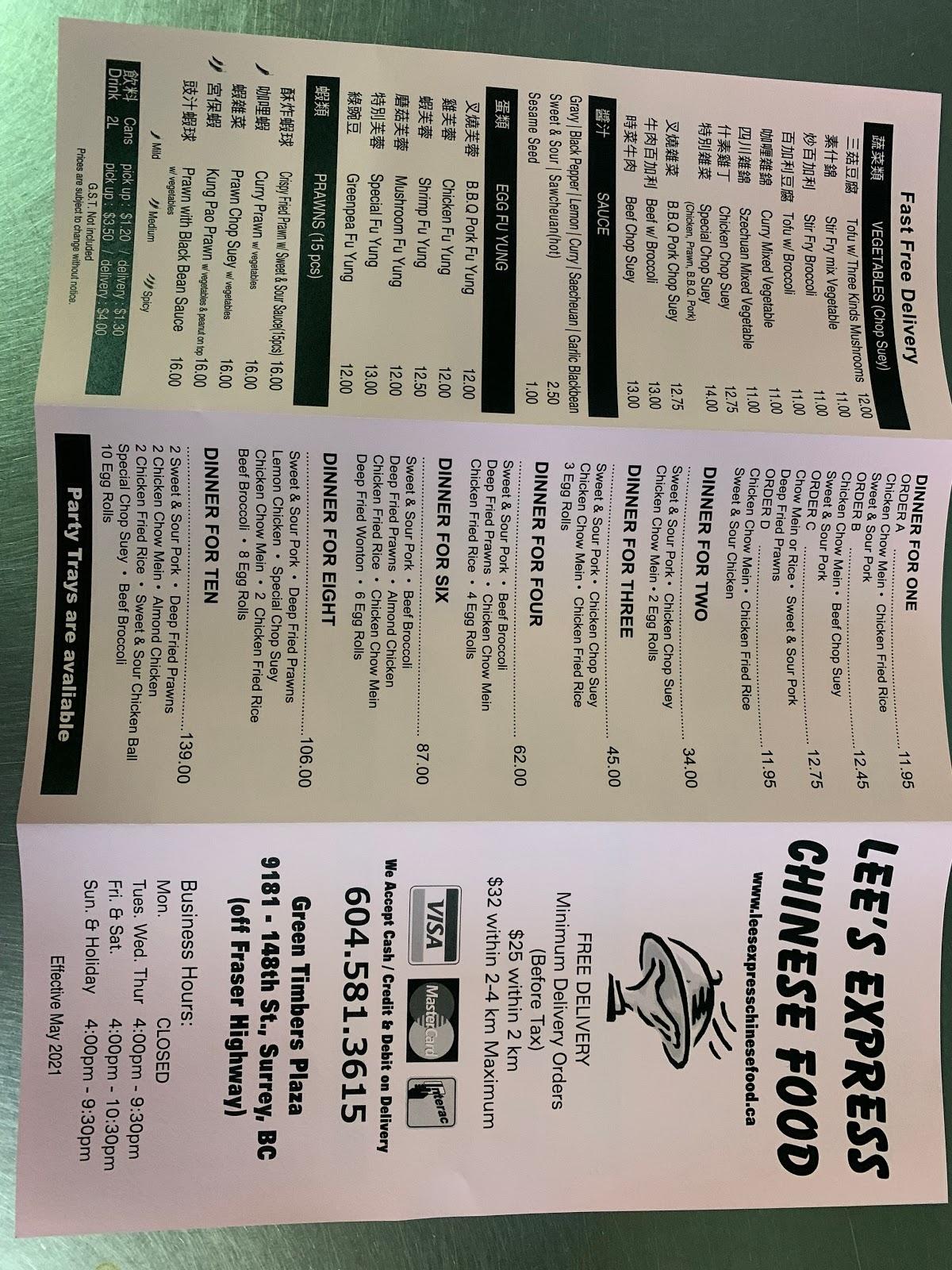 Menu at Lee's Express Chinese Food restaurant, Surrey