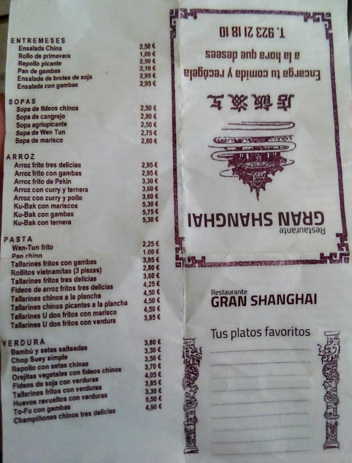 Carta de Restaurante Gran Shanghai, Salamanca