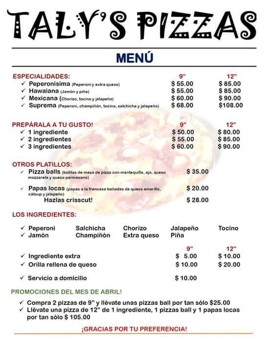 Carta de pizzería Taly's Pizzas, Apodaca