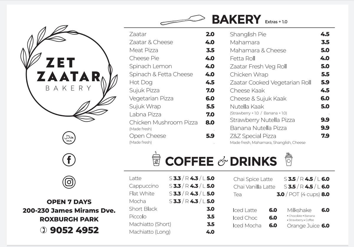 Menu at Zet&zaatar, Roxburgh Park
