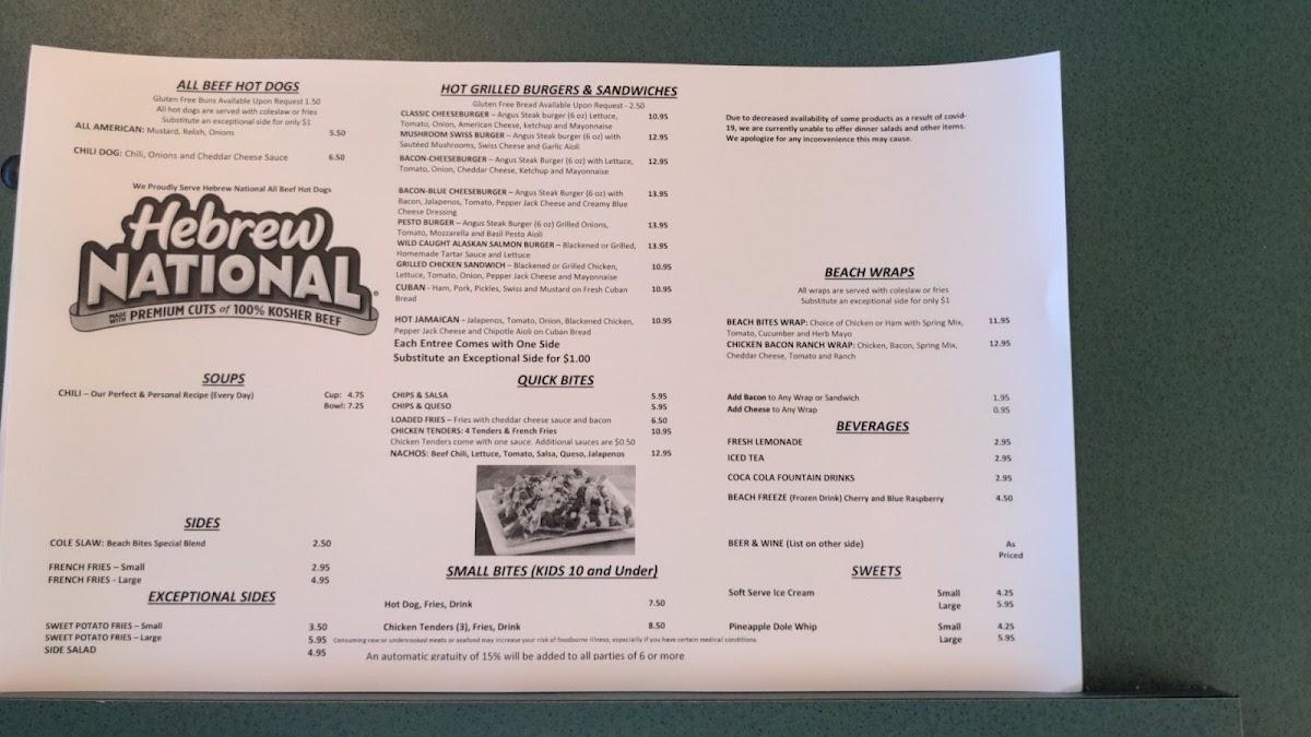 Menu at Beach Bites & Burgers cafe, Madeira Beach