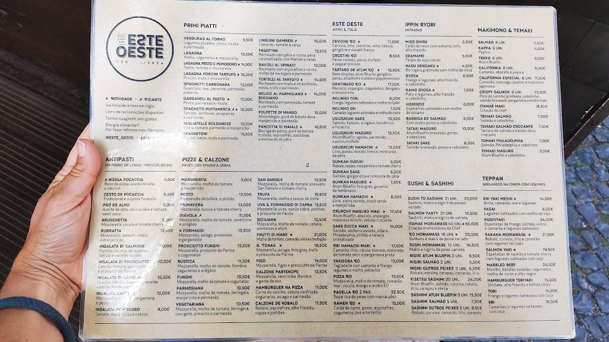 Carta del restaurante Este Oeste, Lisboa