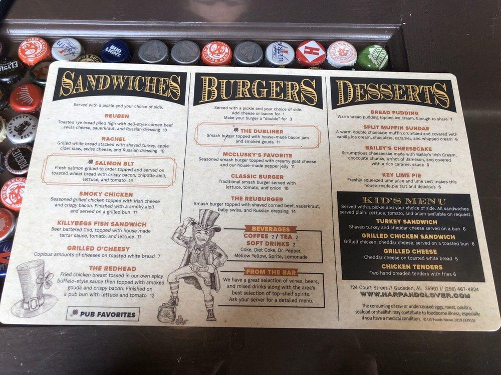 Menu at Harp & Clover, "The Clover" pub & bar, Gadsden