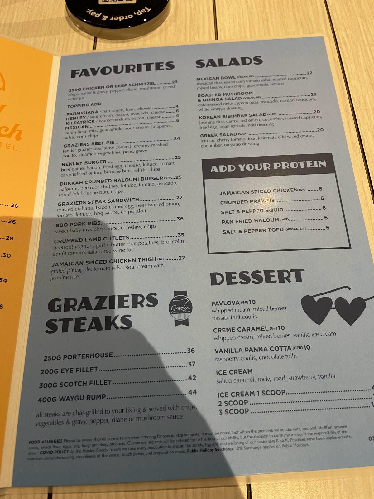 Menu at Henley Beach Hotel pub & bar, Henley Beach, 157 Esplanade