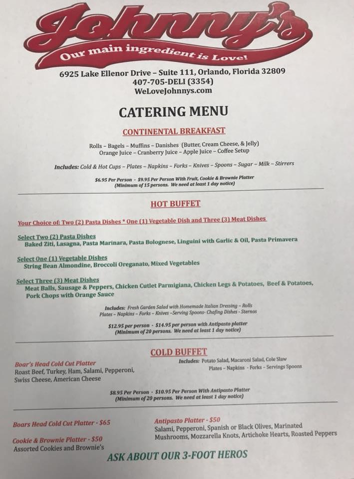 Menu at Johnnys Deli restaurant, Orlando, Lake Ellenor Drive Suite 111