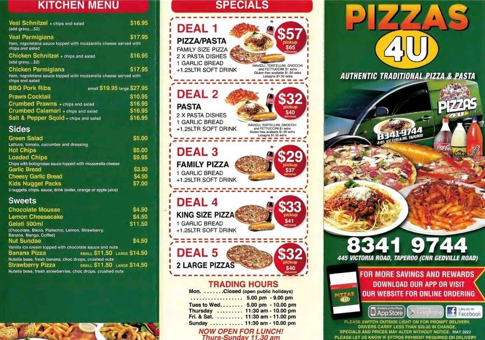 Menu at Pizzas 4 U pizzeria, Taperoo