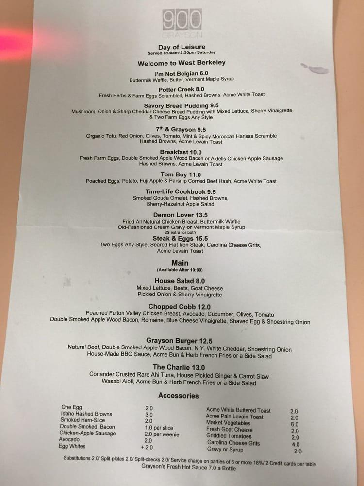 Menu at 900 Grayson restaurant, Berkeley