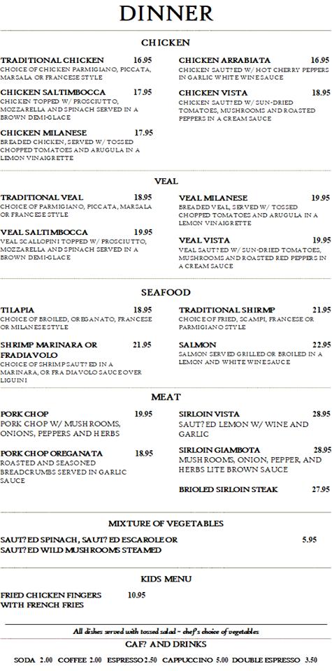 Menu at Bella Vista Ristorante restaurant, West Milford