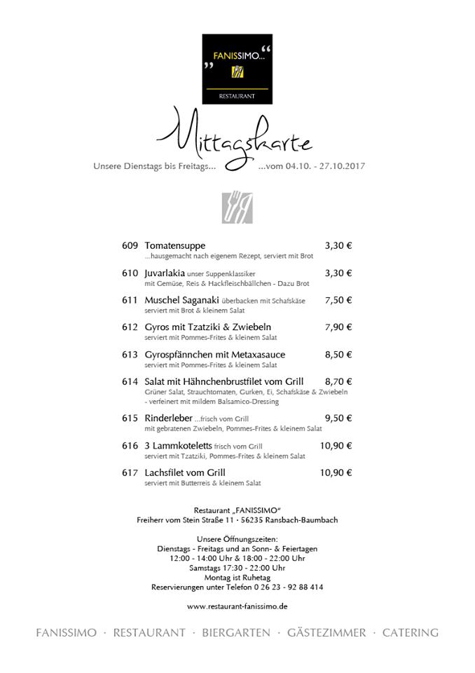 Speisekarte von Fanissimo restaurant, Ransbach-Baumbach