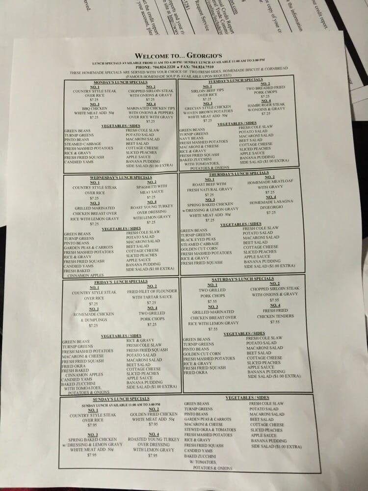 Menu at Georgio's restaurant, Cramerton