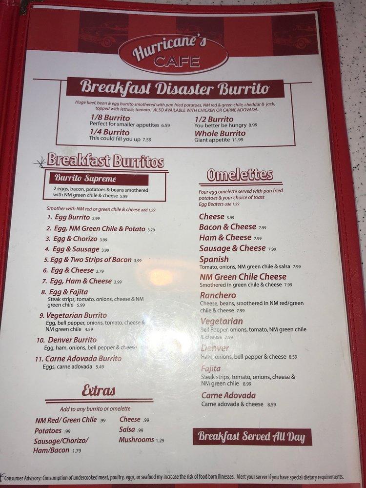 Menu at Hurricane's Cafe, Albuquerque, Lomas Blvd NE