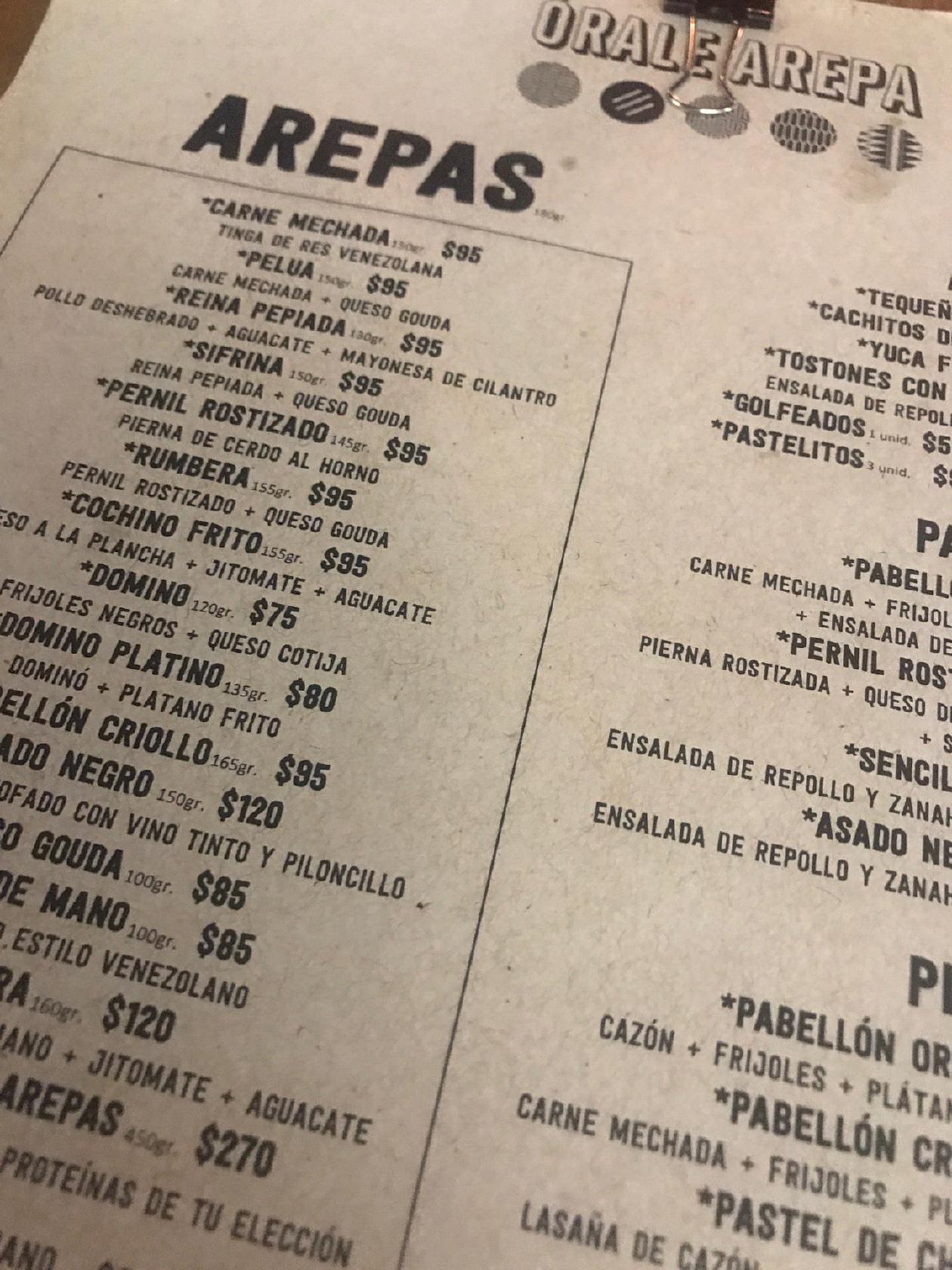 Menu at Orale Arepa restaurant, Mexico City, Schiller 330