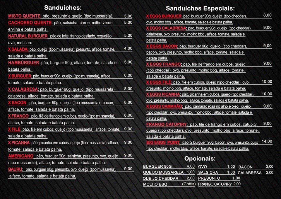 Menu at Point do Hambúrguer restaurant, Brazil, Av. Zezico Costa