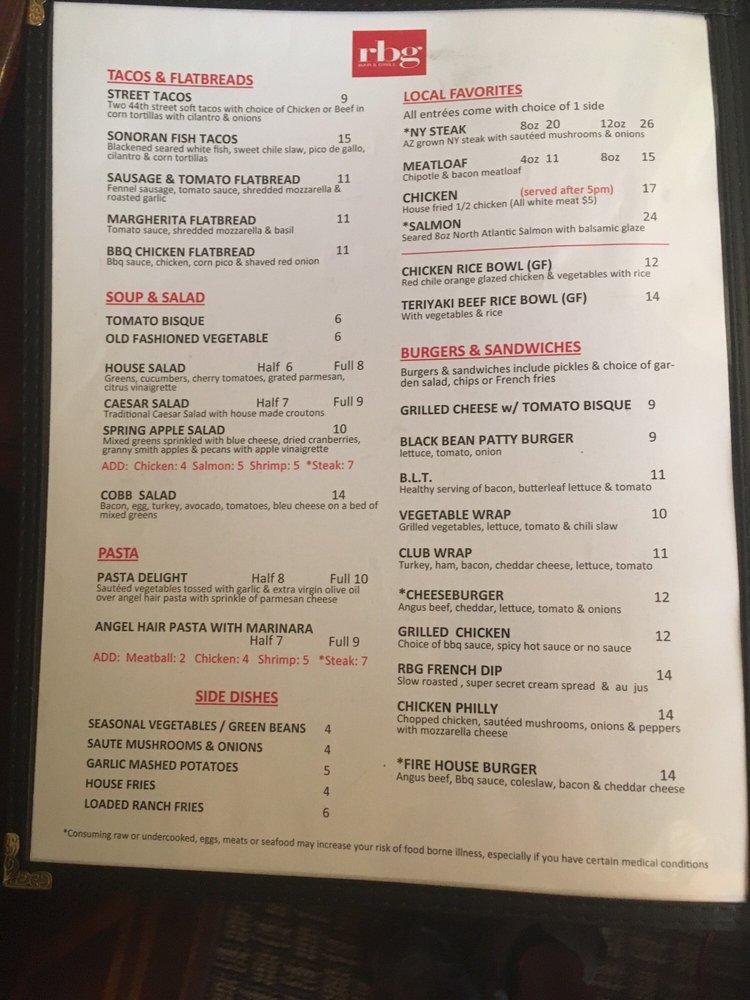 Menu at RBG Bar and Grill, Phoenix