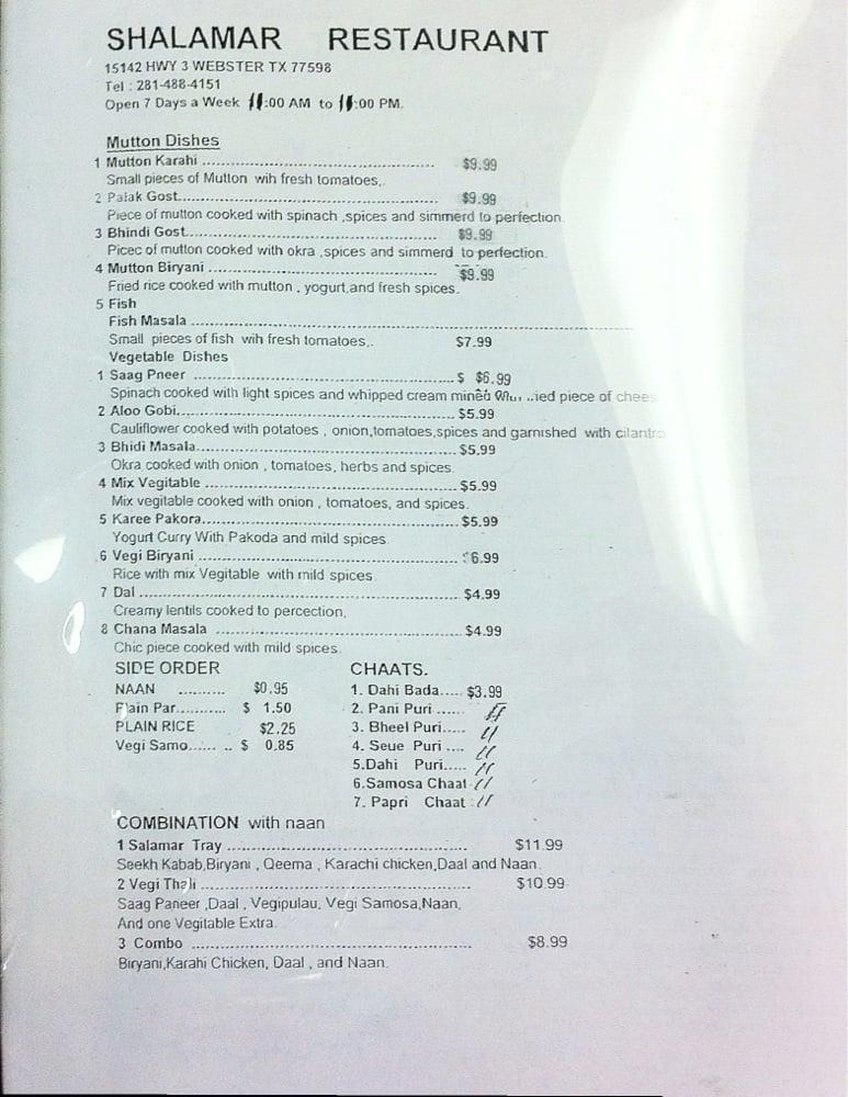 Menu at Shalamar restaurant, Webster