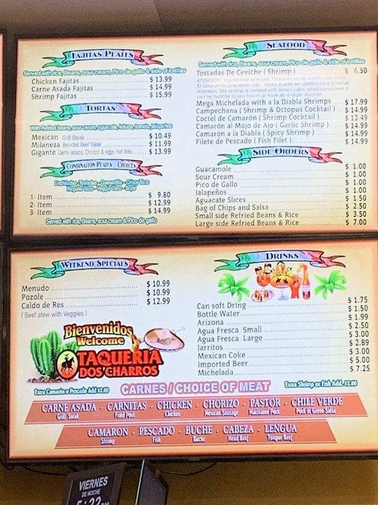 Carta del restaurante Taqueria Dos Charros, Daly City, Sullivan Ave