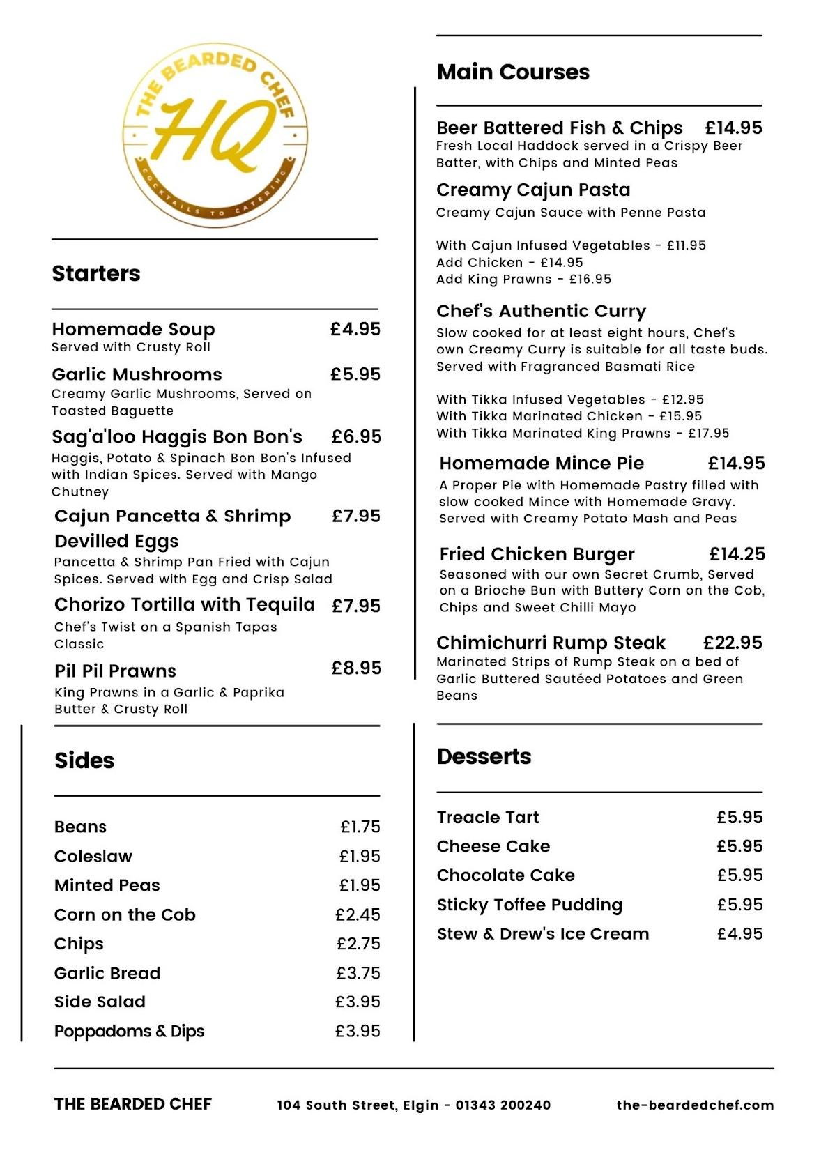 Menu at The Bearded Chef HQ restaurant, Elgin