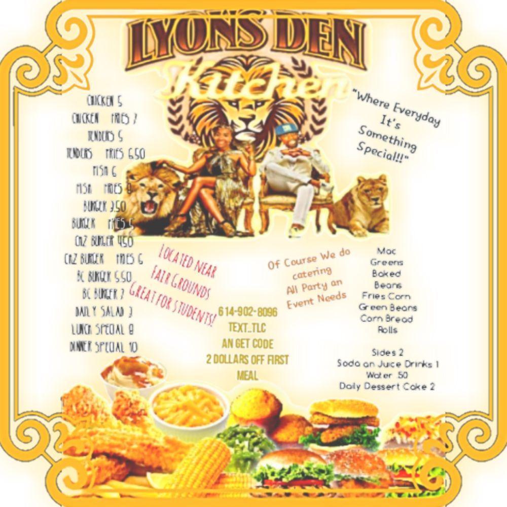 Menu at The Lyons Den fast food, Columbus