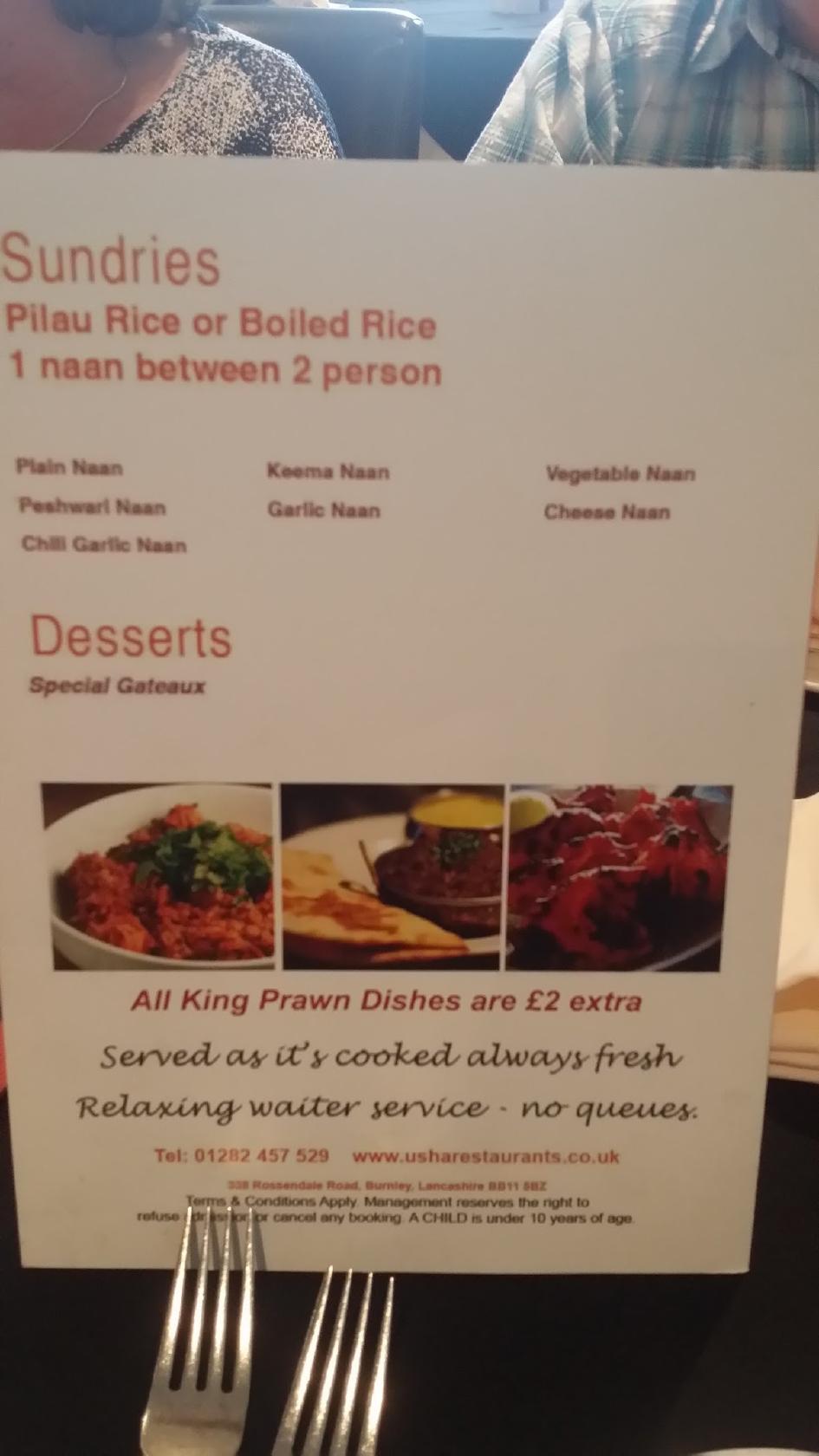 Menu at Usha Indian Restaurant Burnley, Burnley