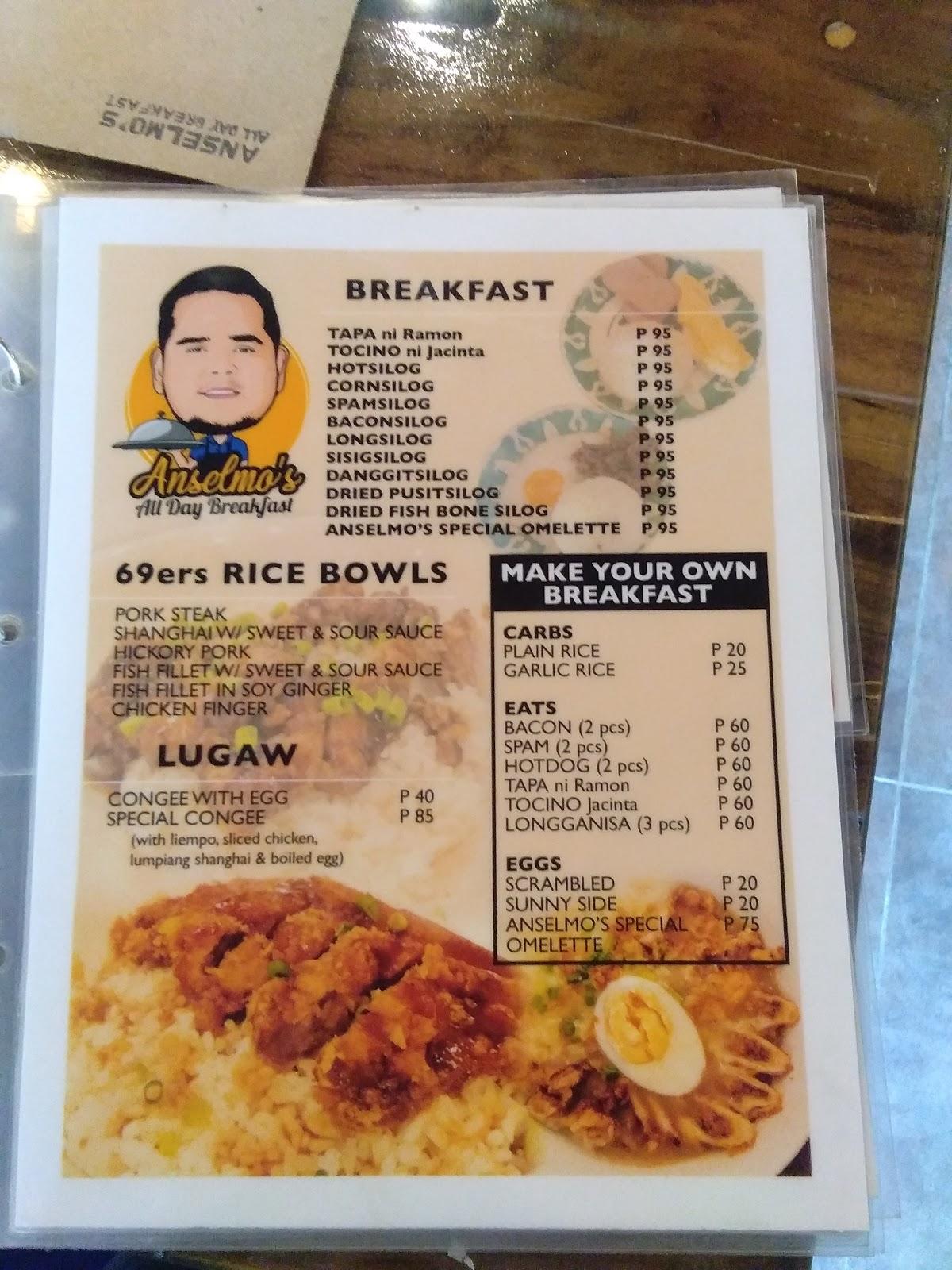 Menu at Anselmo's restaurant, Kalibo