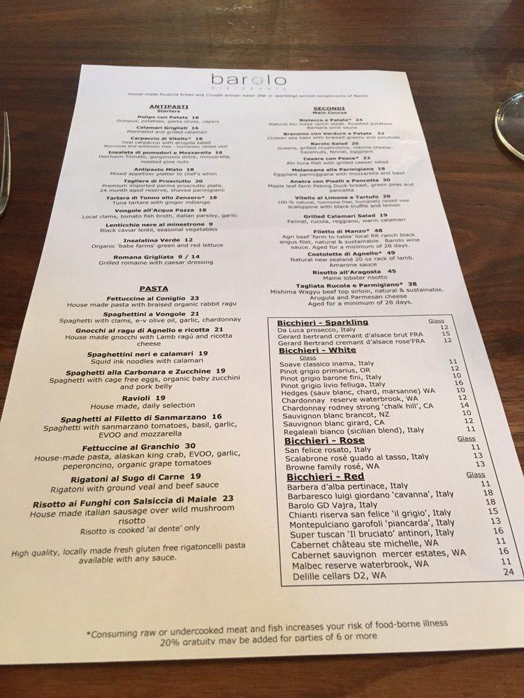 Menu at Barolo Ristorante, Seattle