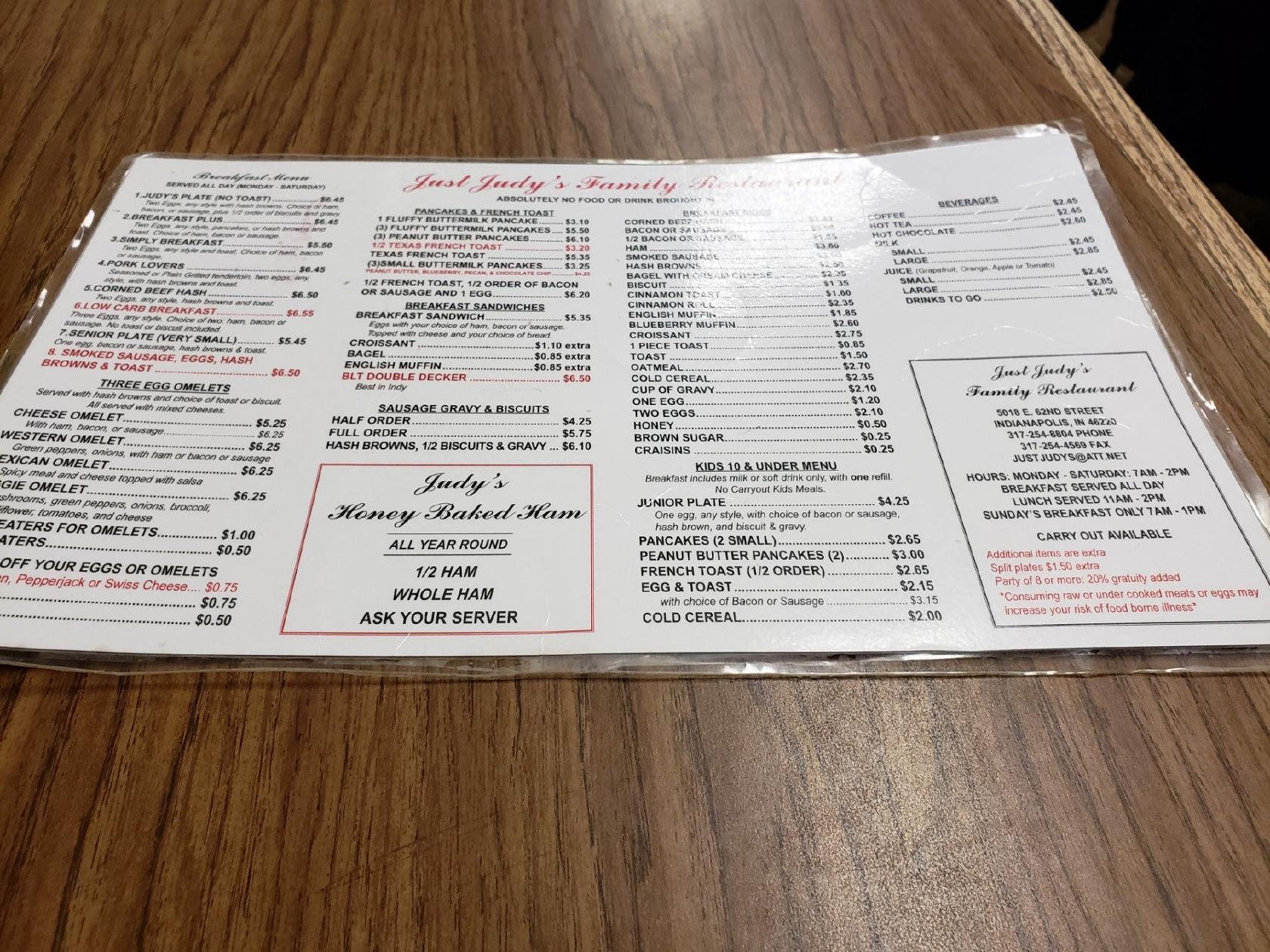 Menu at Just Judy's Restaurant, Indianapolis, E 62nd St