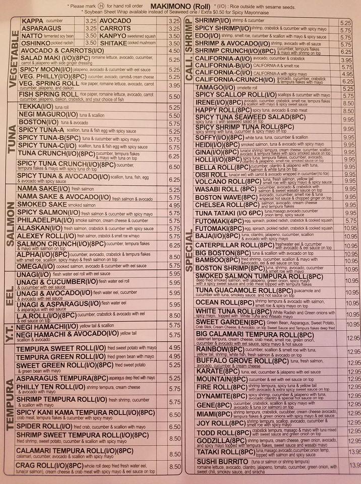 Menu at Masa's Sushi restaurant, Buffalo Grove