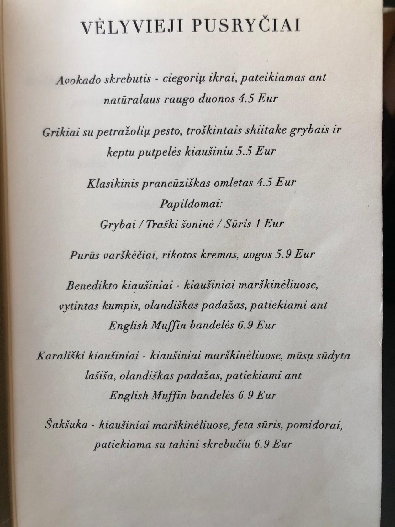 Menu at Moss restaurant, Vilnius
