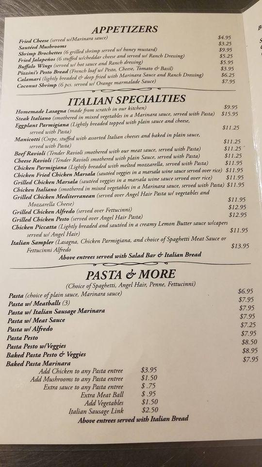 Menu at Pizzini's Italian Restaurant, Houston
