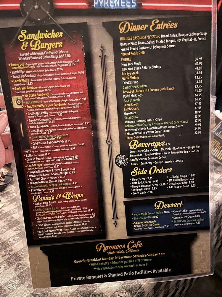 Menu at Pyrenees Cafe, Bakersfield