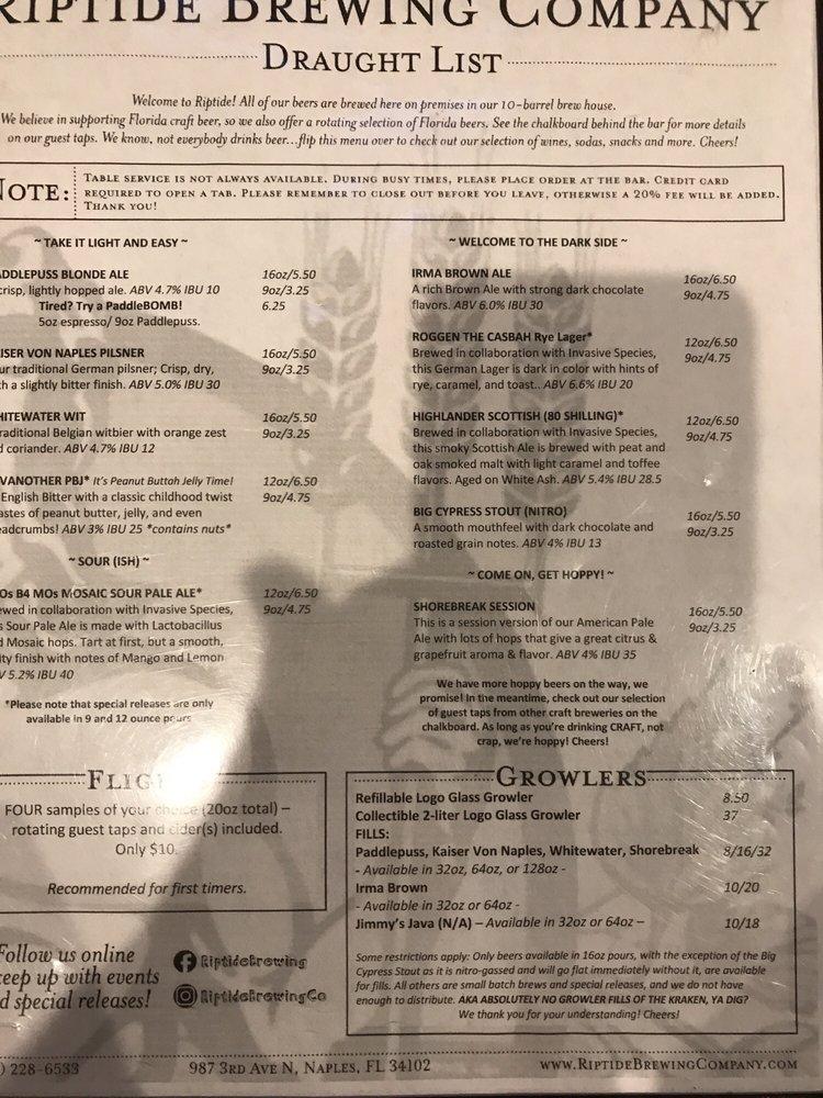 Menu at Riptide Brewing Company pub & bar, Naples