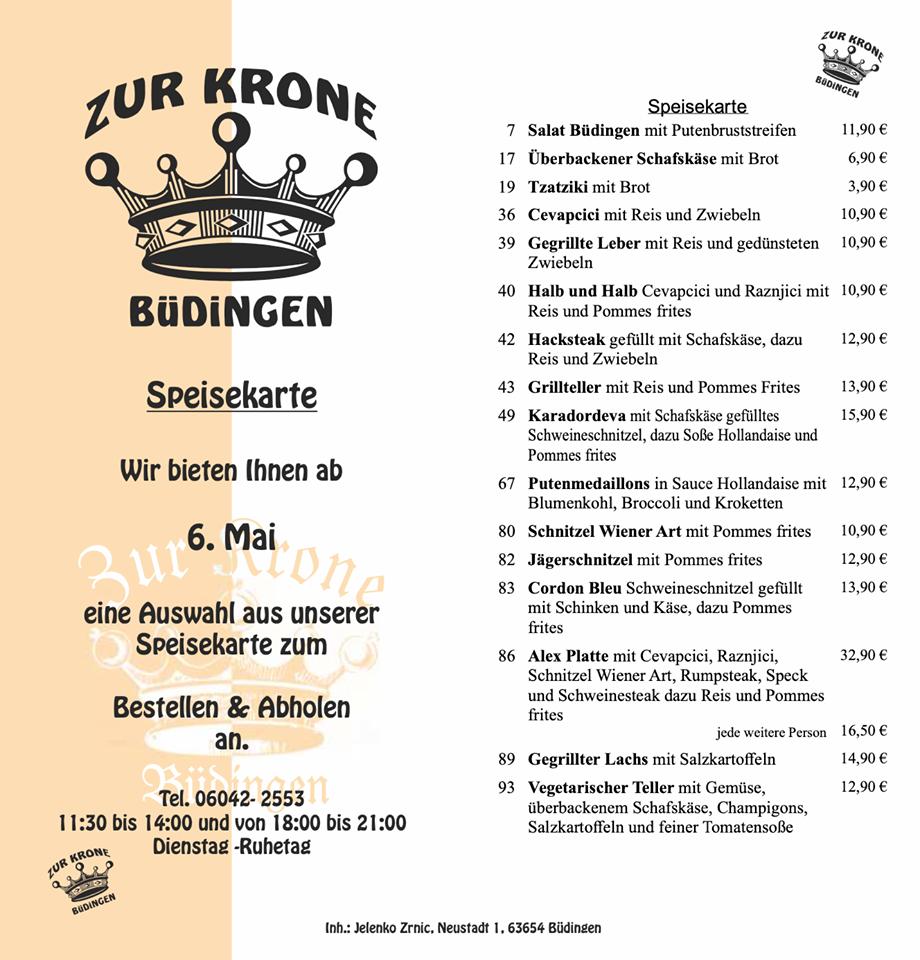 Speisekarte von Gasthaus zur Krone restaurant, Büdingen