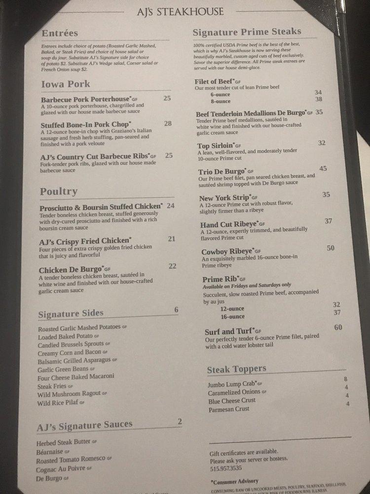 Menu at AJ's Steakhouse, Altoona