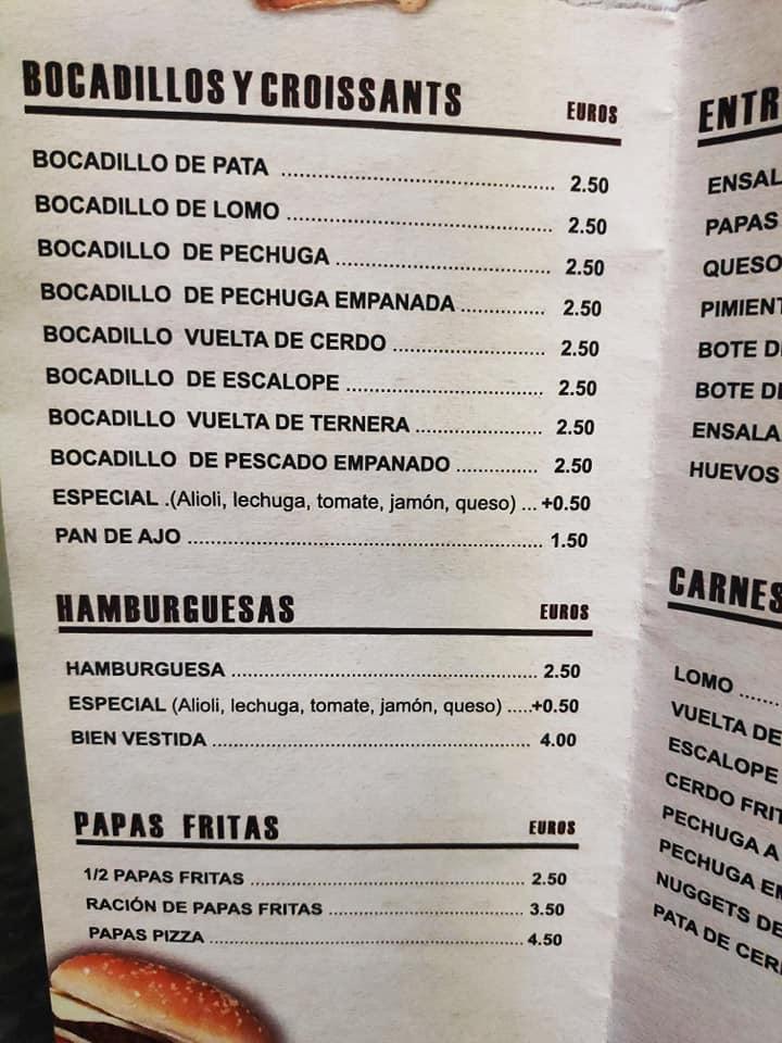 Carta de Bar Churrería Moya, Moya