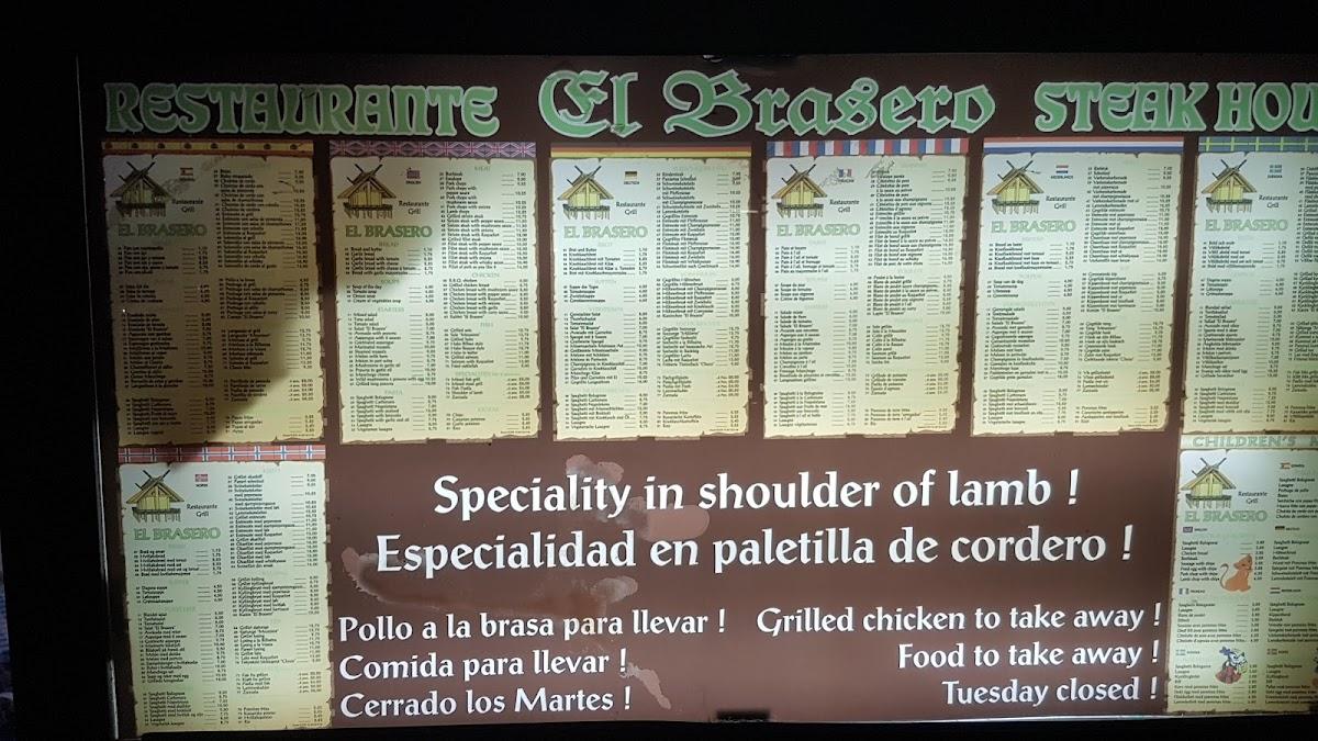 Menu at El Brasero restaurant, Los Cristianos