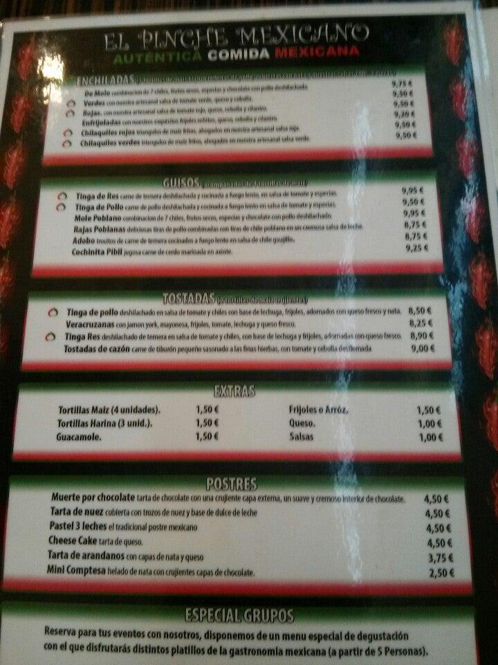 Menu at El Pinche Mexicano restaurant, Barcelona