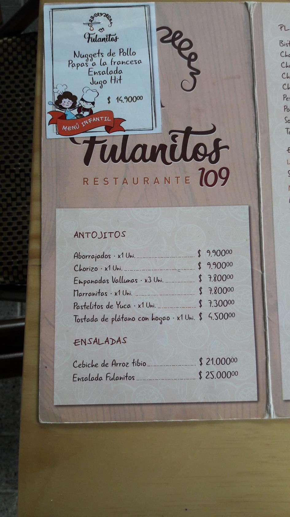Menu at Fulanitos 109 restaurant, Bogotá